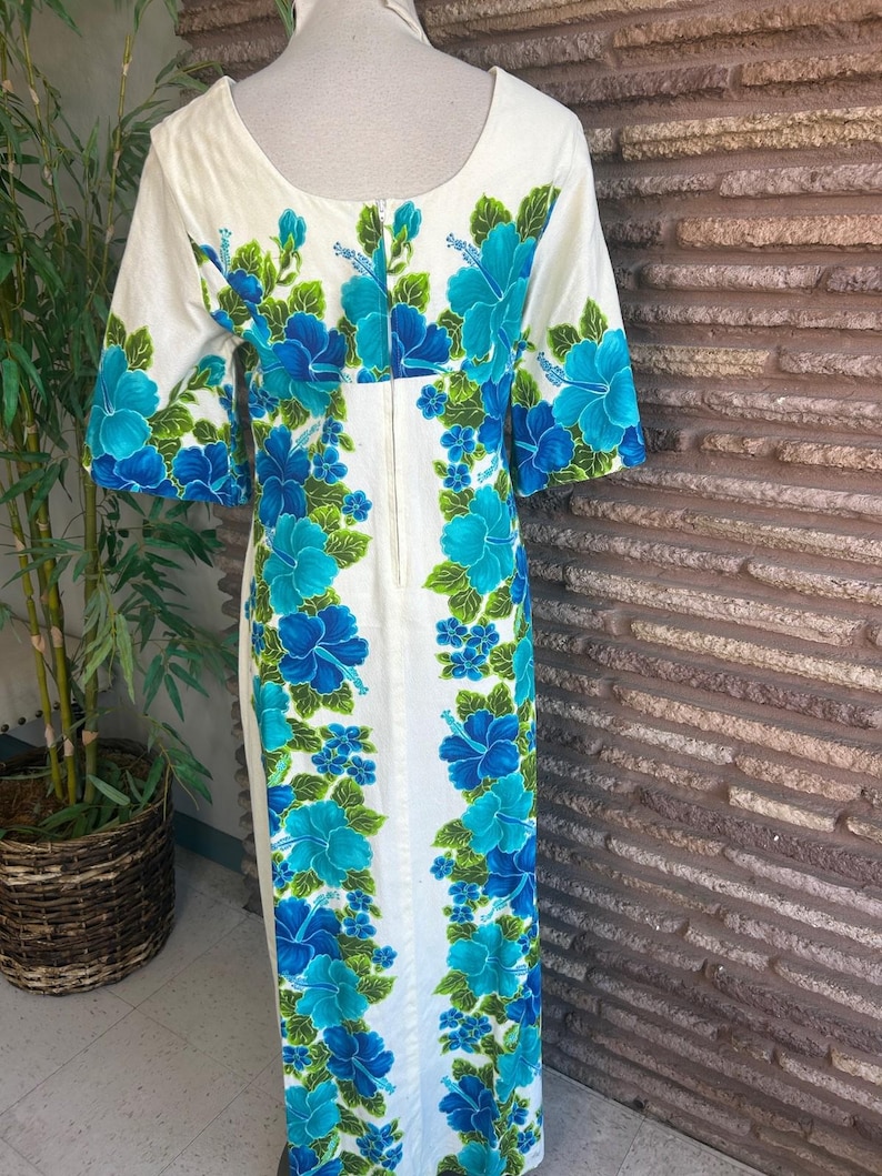 Ui-maikai Vintage 70s Hawaiian Barkcloth Maxi Dress Blue Hibiscus ...