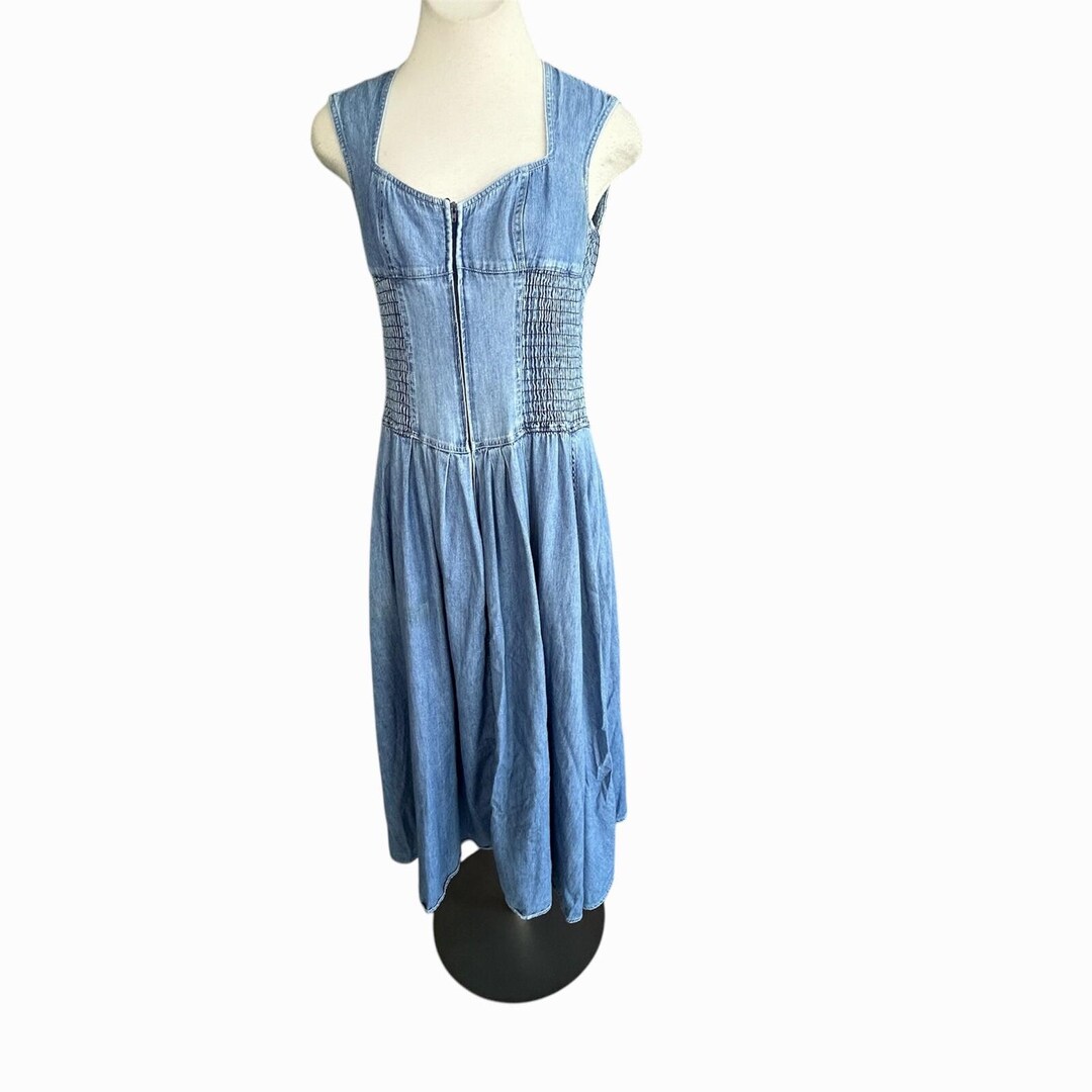 Dennis Goldman Blue Denim Smocked Bodice Sleeveless Maxi Dress Size 8 ...