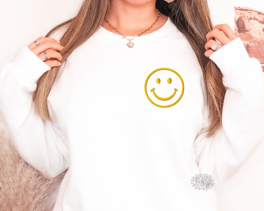 Smiley Face Embroidered Sweatshirt, Smiley Crewneck Sweatshirt, Smiley ...