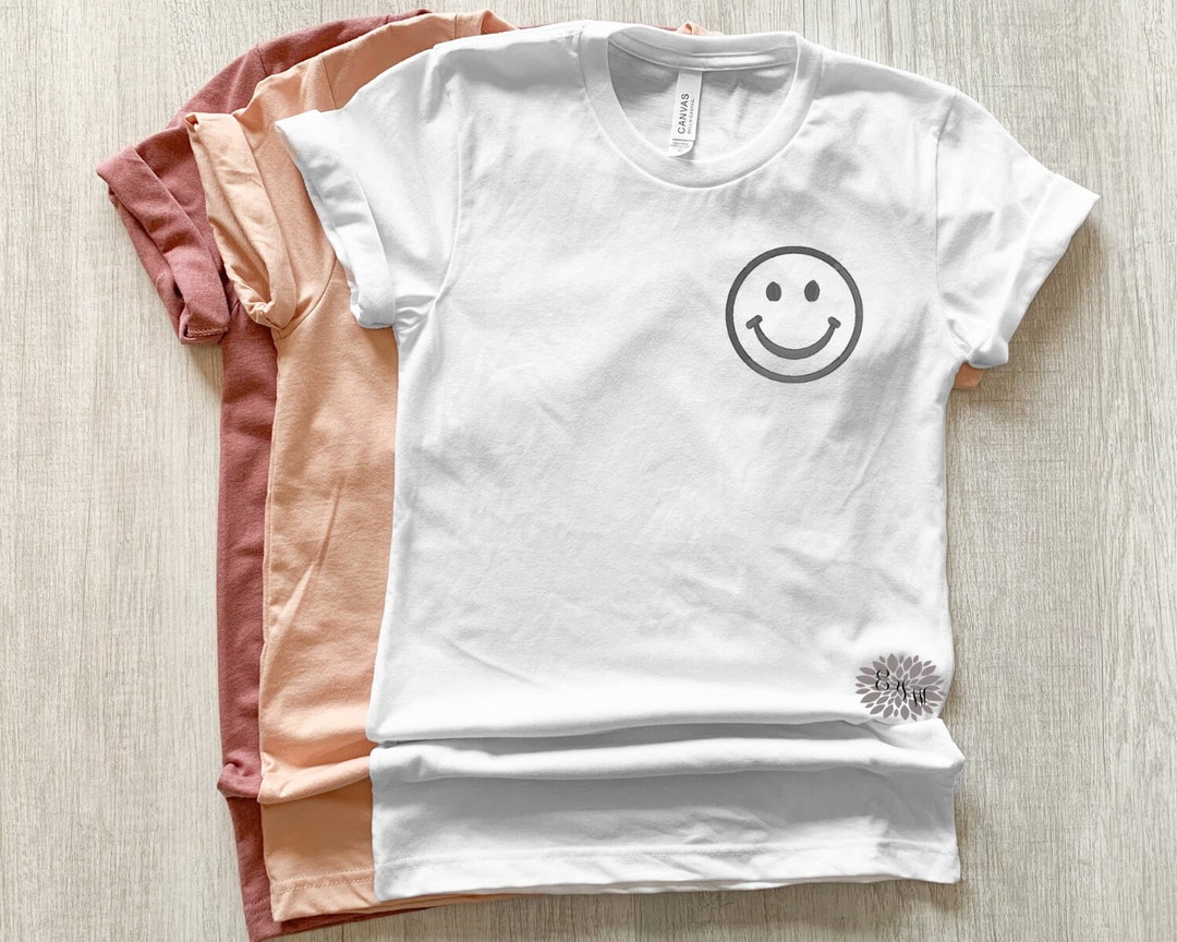 Smiley Face Embroidered Tee Shirt, Smiley Face Crewneck T-shirt, Happy ...