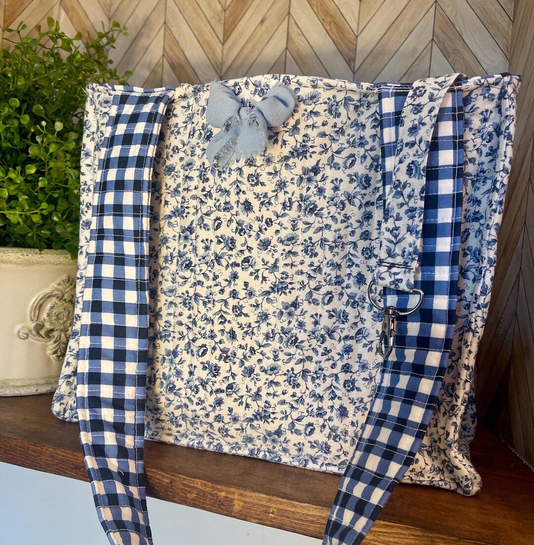 Blue Floral With Gingham Lining /tote/purse/weekender Bag/cotton ...