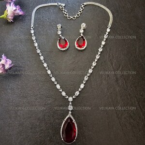 Mila Red Pendant Necklace Set CZ Diamond Earrings Statement Hollywood ...