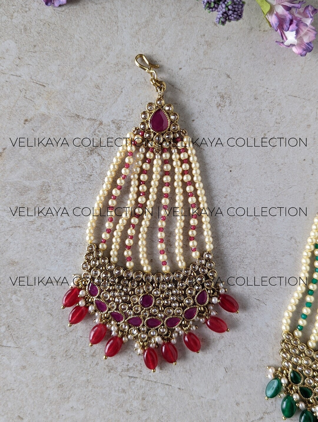 Red Pasa Wedding Tikka Jhumar Antique Gold Indian Jewelry Pakistani ...