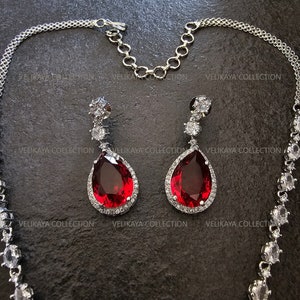 Mila Red Pendant Necklace Set CZ Diamond Earrings Statement Hollywood ...