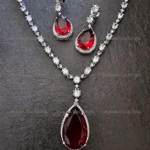 Mila Red Pendant Necklace Set CZ Diamond Earrings Statement Hollywood ...