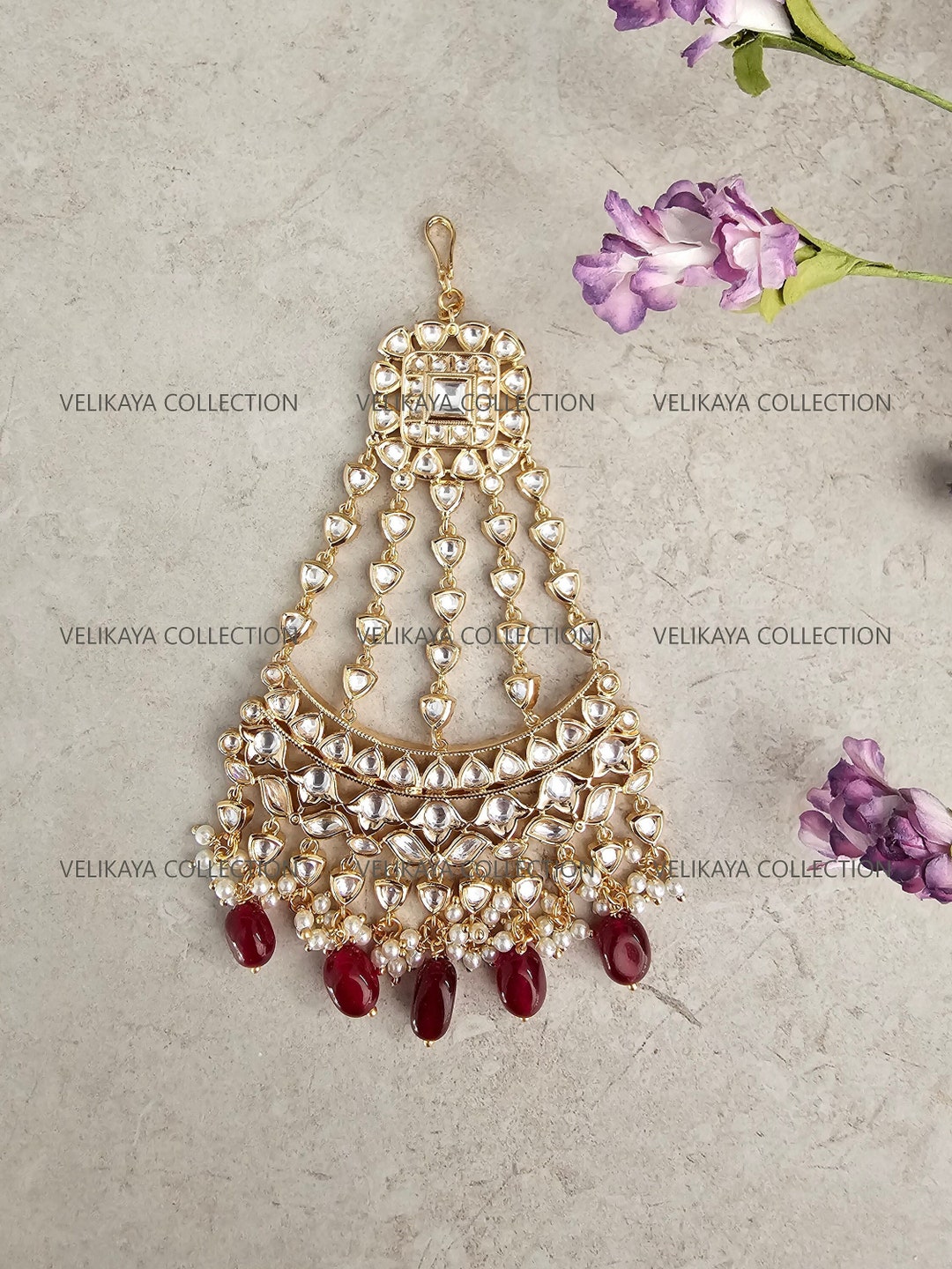 Red Bridal Pasa Gold Plated Bridal Jhumar Side Tikka Indian Wedding ...