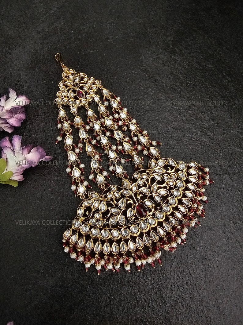 Ruby Red Kundan Pasa Gold Plated Bridal Jhumar Side Tikka Indian ...