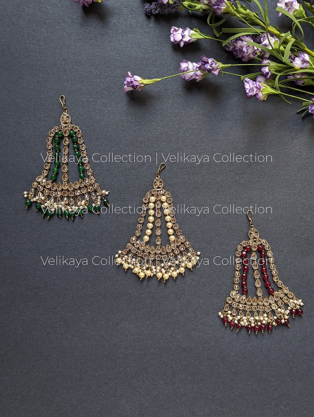 Antique Pearl Side Tikka / Emerald Green Jhumar / Ruby Red Pasa ...
