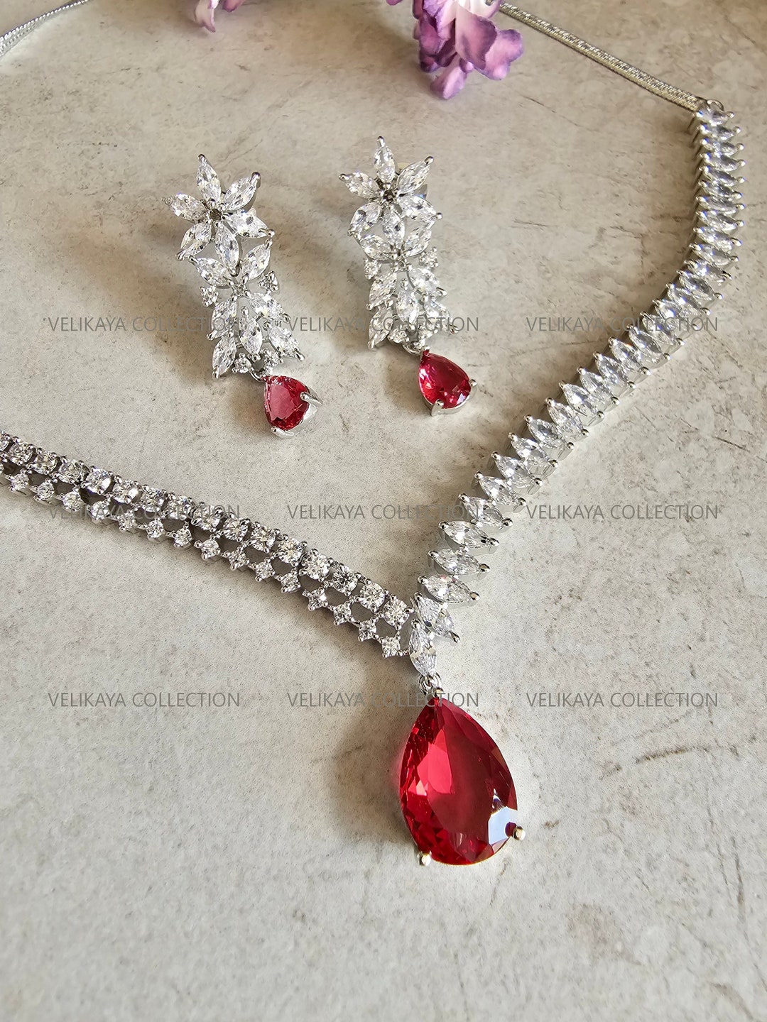 Ruby Crystal Necklace Set CZ Diamond Earrings Statement Hollywood ...