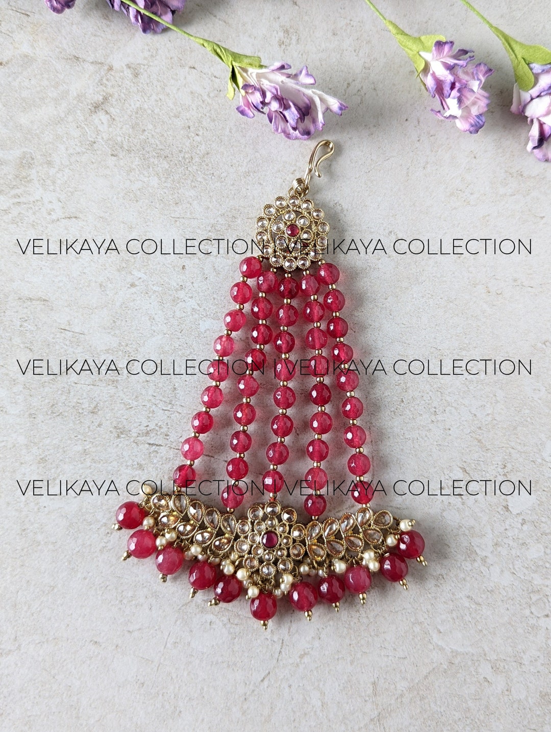 Red Pasa Party Wear / Antique Gold Side Tikka / Pearl Jhumar / Indian ...