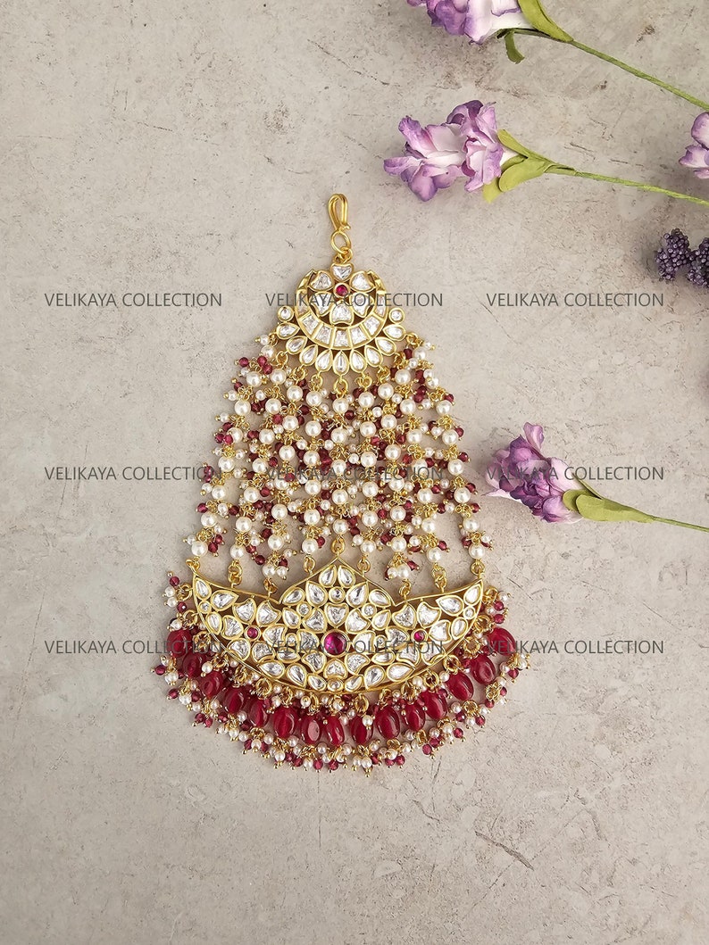 Red Kundan Pasa Gold Plated Bridal Jhumar Kundan Side Tikka Indian ...