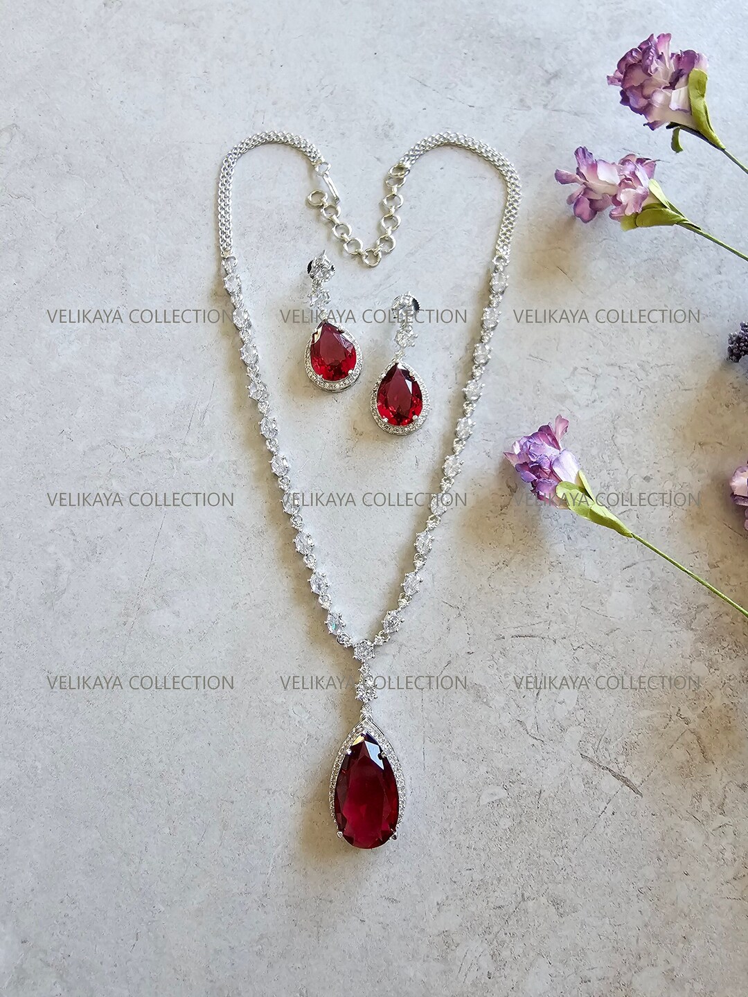 Mila Red Pendant Necklace Set CZ Diamond Earrings Statement Hollywood ...