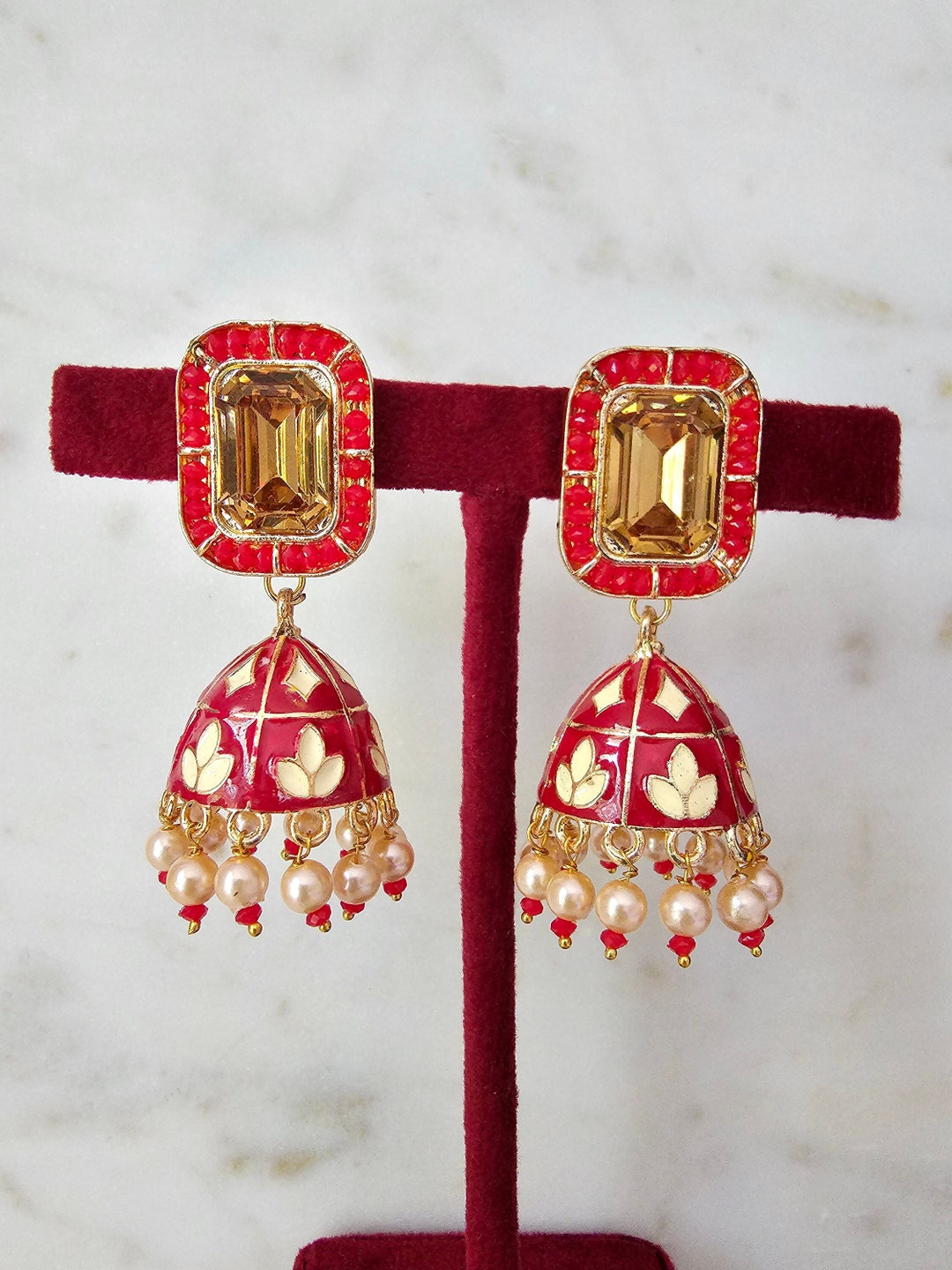 Red Meenakari Jhumka/ Kundan Jhumka/ Indian Jewelry/ Pakistani Jewelry ...
