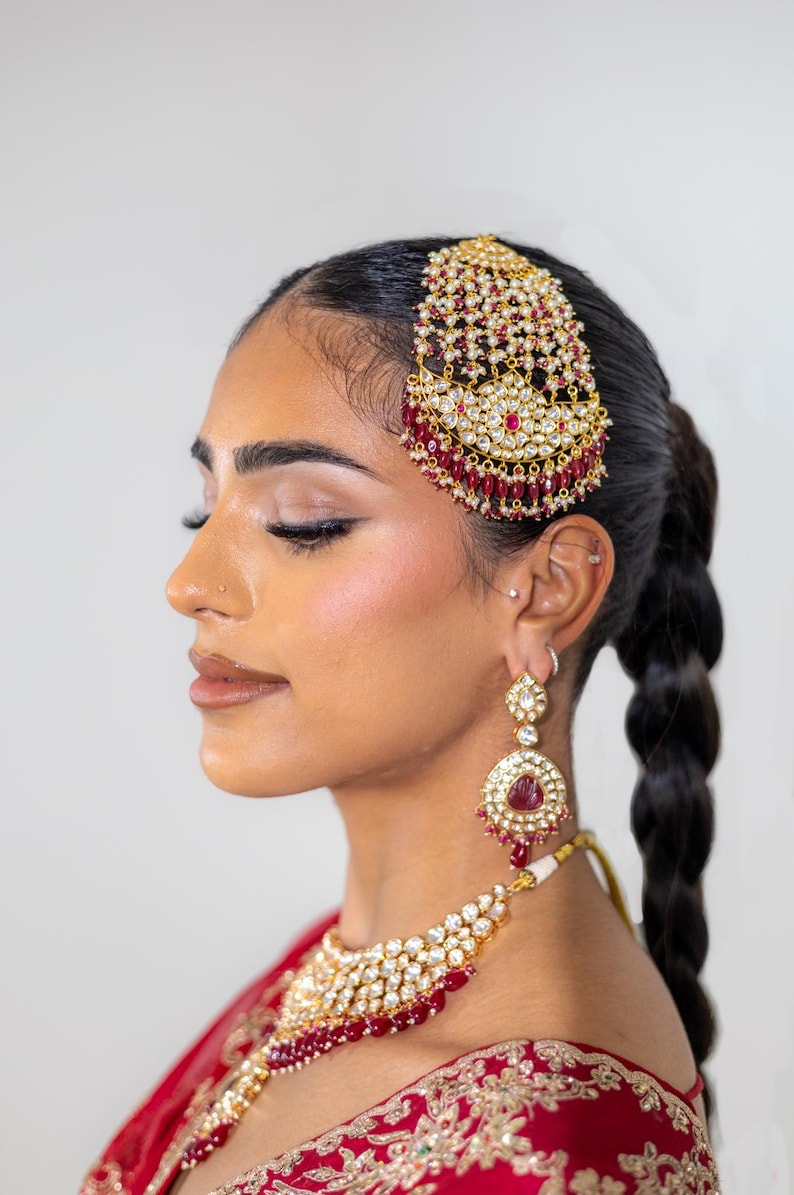 Red Kundan Pasa Gold Plated Bridal Jhumar Kundan Side Tikka Indian ...