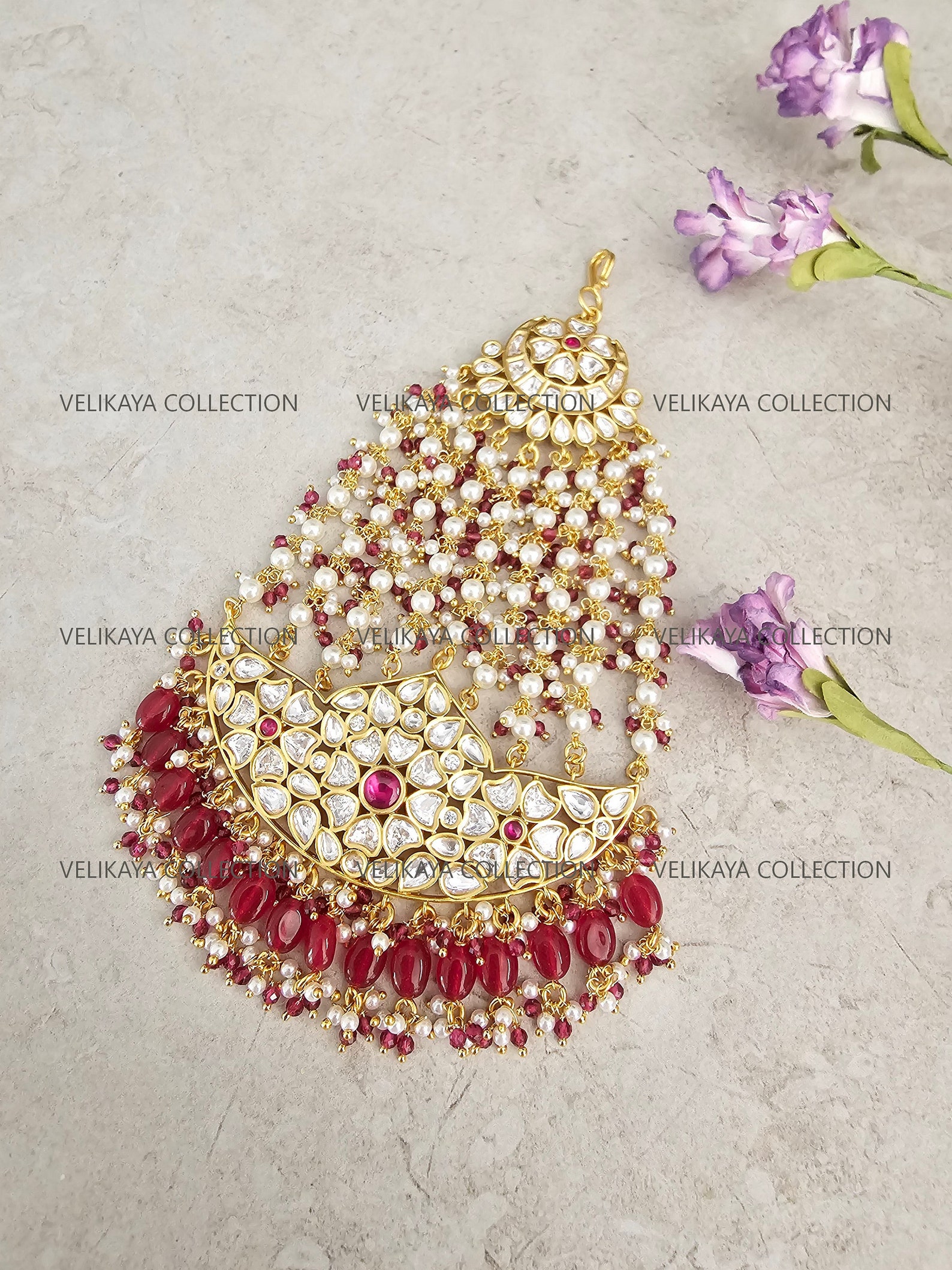 Red Kundan Pasa Gold Plated Bridal Jhumar Kundan Side Tikka Indian ...