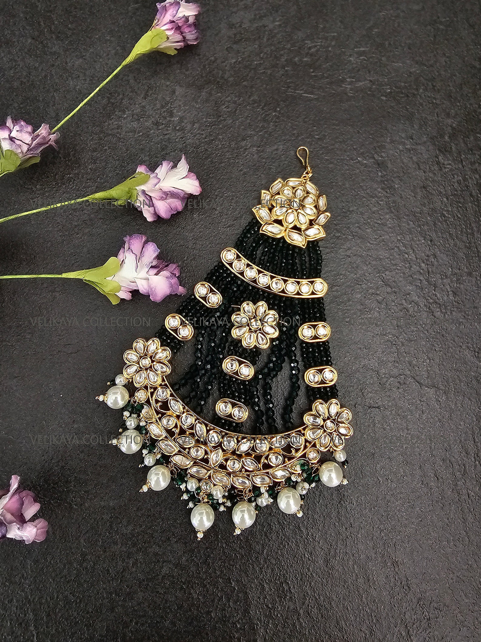 Emerald Kundan Pasa Gold Plated Bridal Jhumar Side Tikka Indian Wedding ...