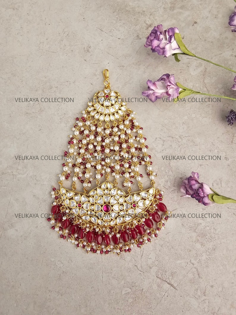 Red Kundan Pasa Gold Plated Bridal Jhumar Kundan Side Tikka Indian ...