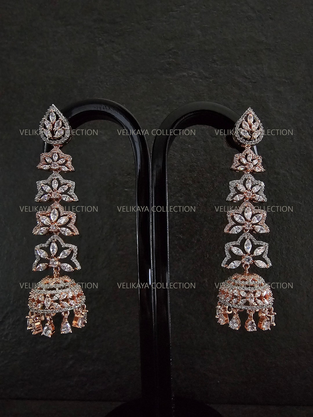 Long Rose Gold Earrings / American Diamond Earrings / Chandelier ...