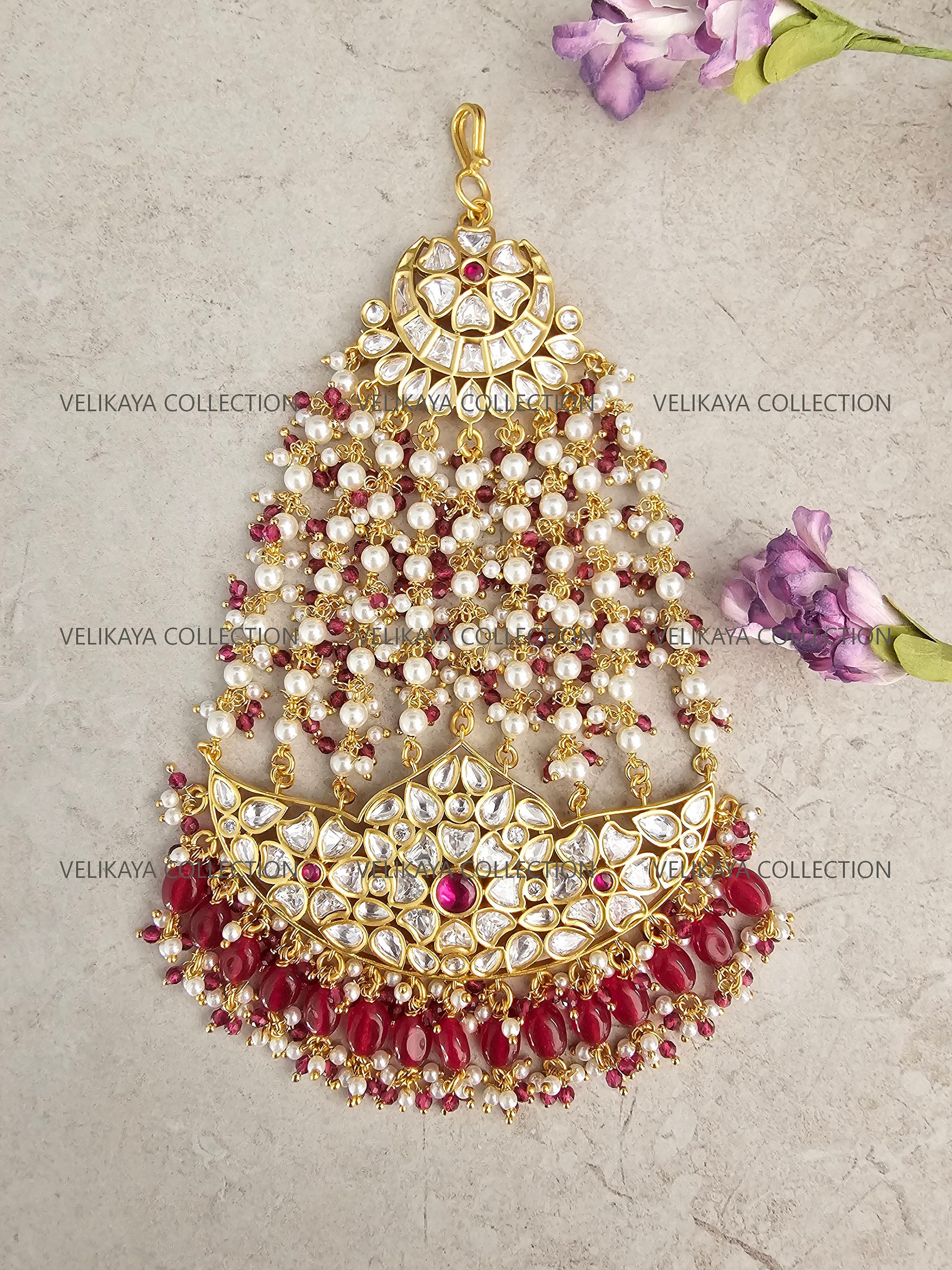 Red Kundan Pasa Gold Plated Bridal Jhumar Kundan Side Tikka Indian ...