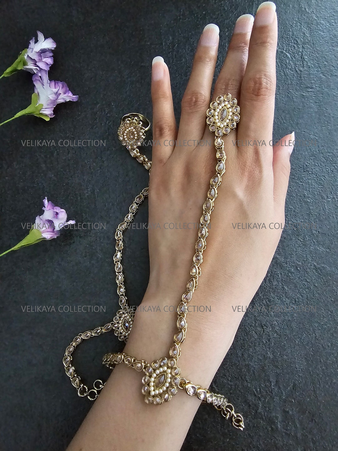 Bollywood Hand Harness Antique Polki Hathphool Indian Wedding Bracelet ...