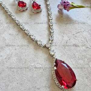 Mila Red Pendant Necklace Set CZ Diamond Earrings Statement Hollywood ...