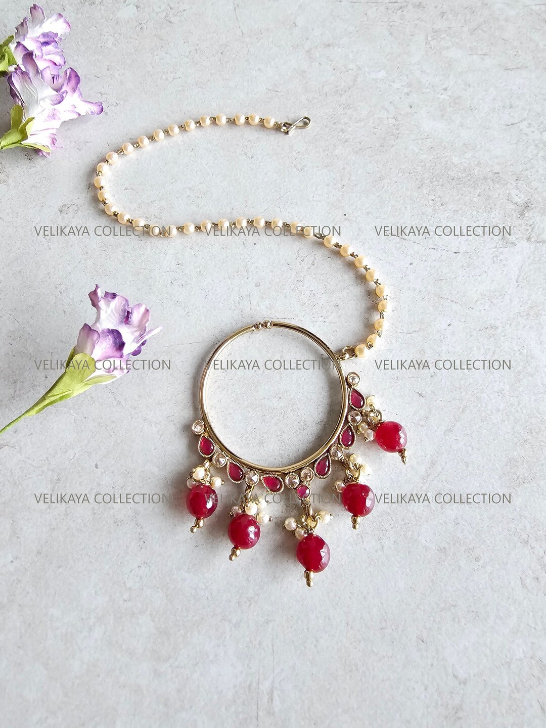 Red Nose Ring With Pearl Chain/ Antique Bridal Nath/ Pressing Nose Ring ...