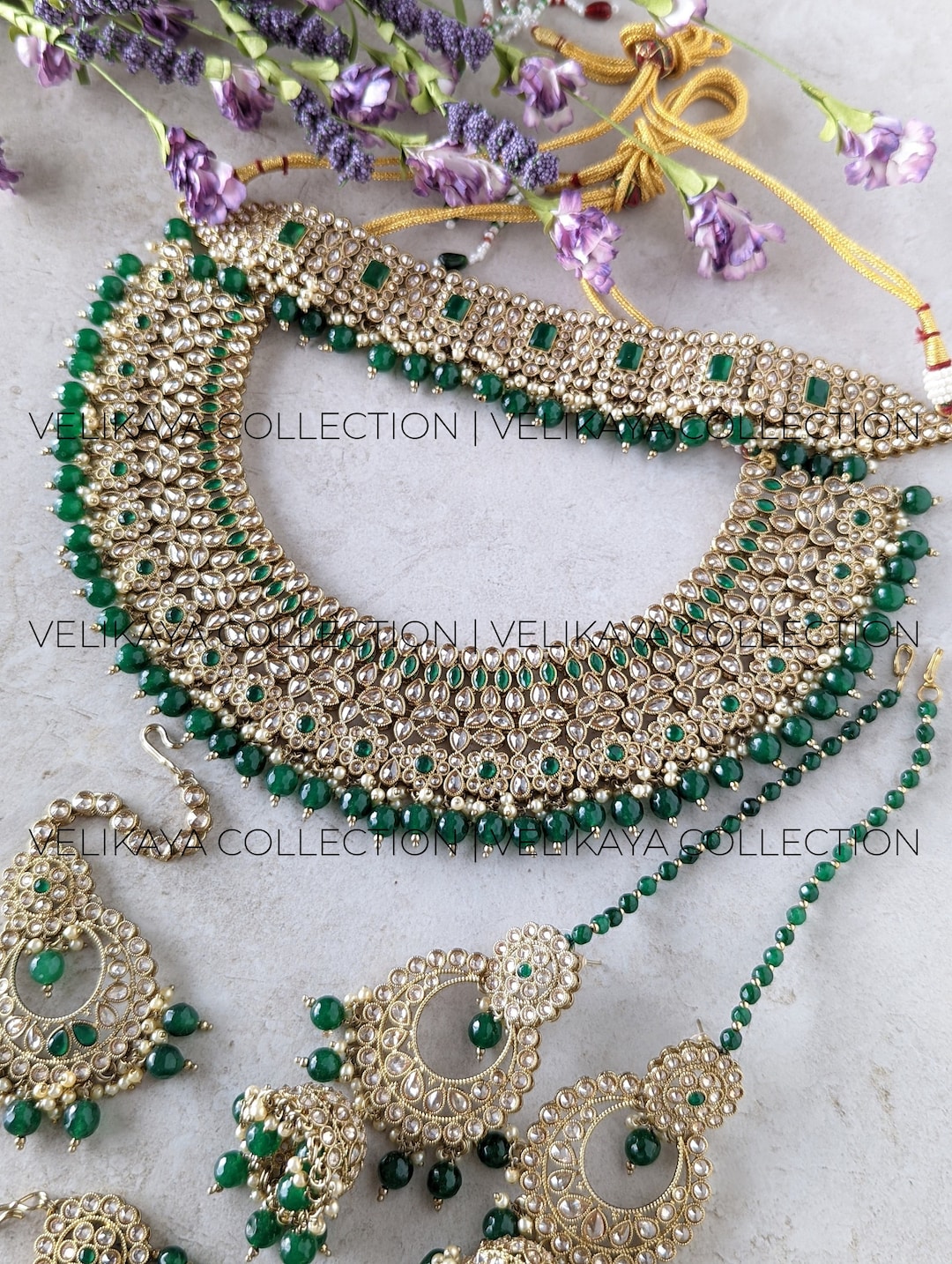 Green Wedding Neclace Set Indian Jewelry Sabyasachi Jewelry Side Tikka ...