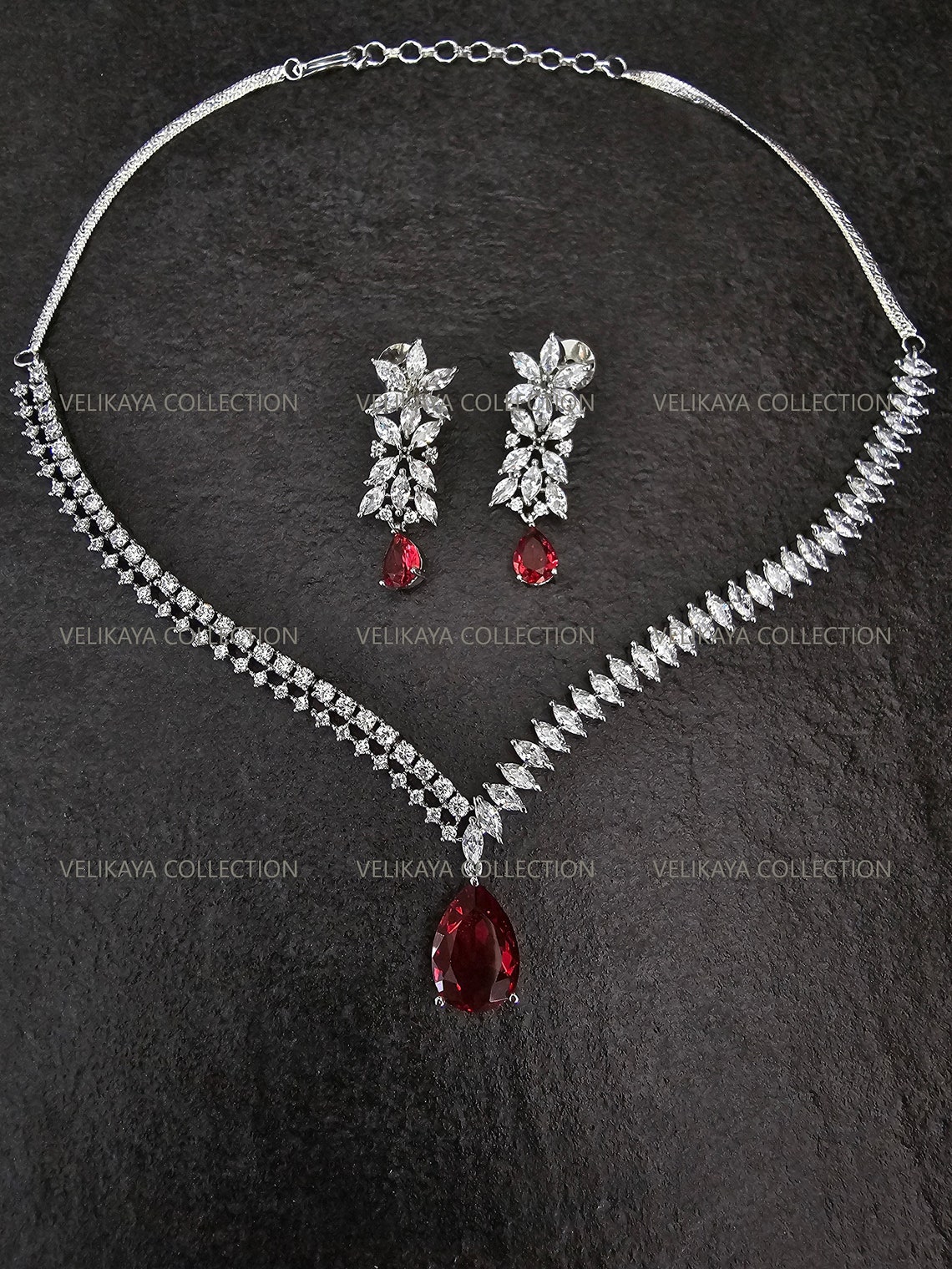 Ruby Crystal Necklace Set CZ Diamond Earrings Statement Hollywood ...
