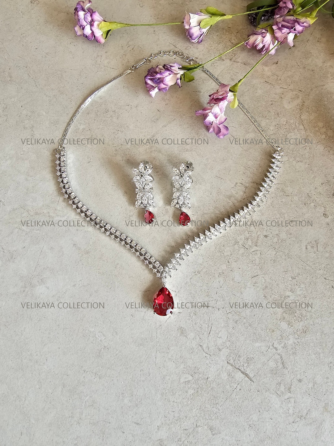 Ruby Crystal Necklace Set CZ Diamond Earrings Statement Hollywood ...