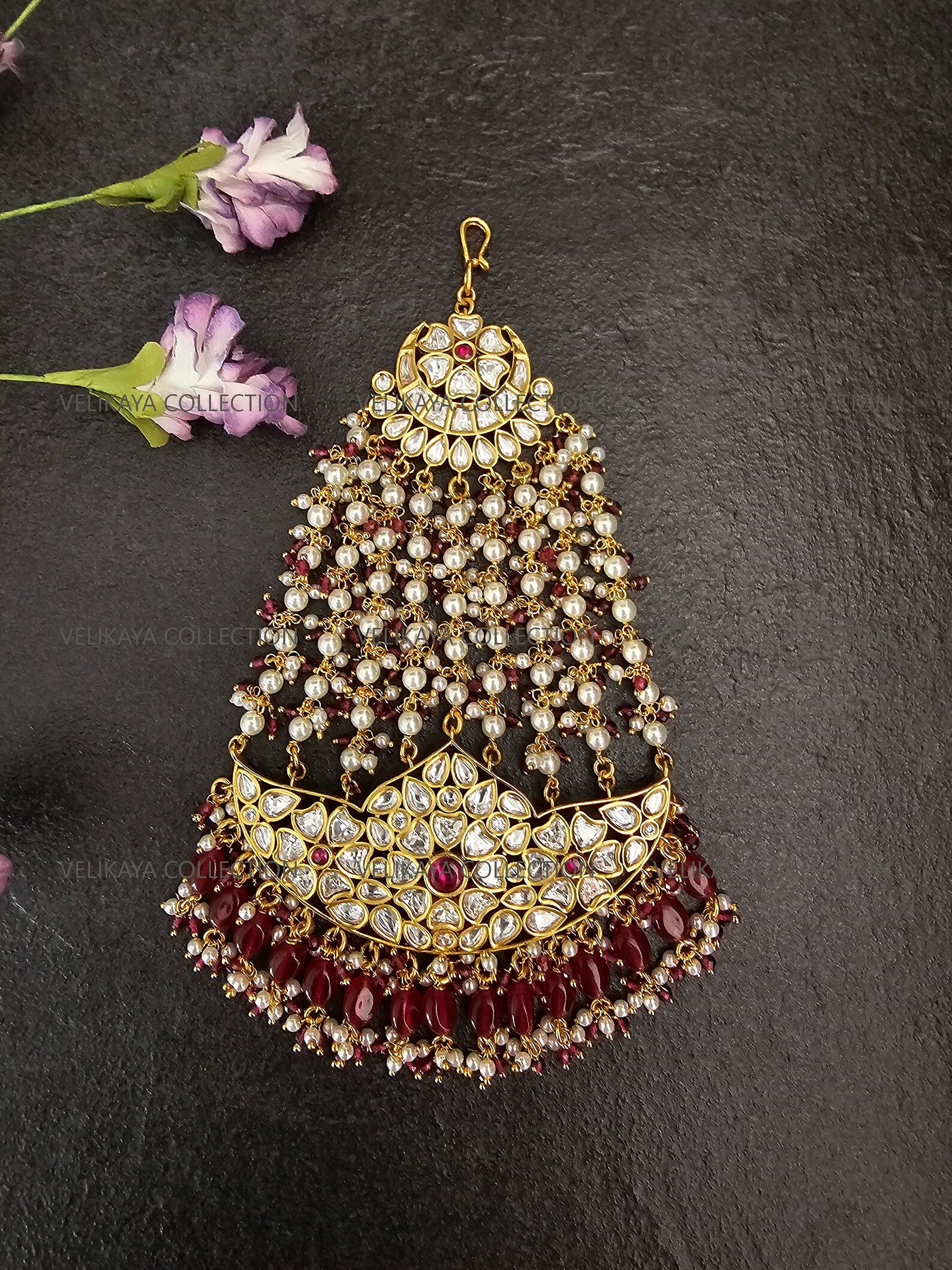 Red Kundan Pasa Gold Plated Bridal Jhumar Kundan Side Tikka Indian ...