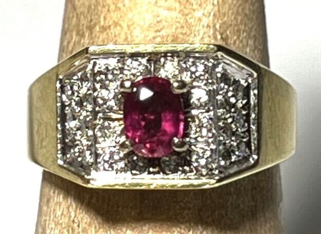 Heavy Vintage 14K Gold Ruby Diamond Tank Style Ring, Size 6.25, 1970s ...