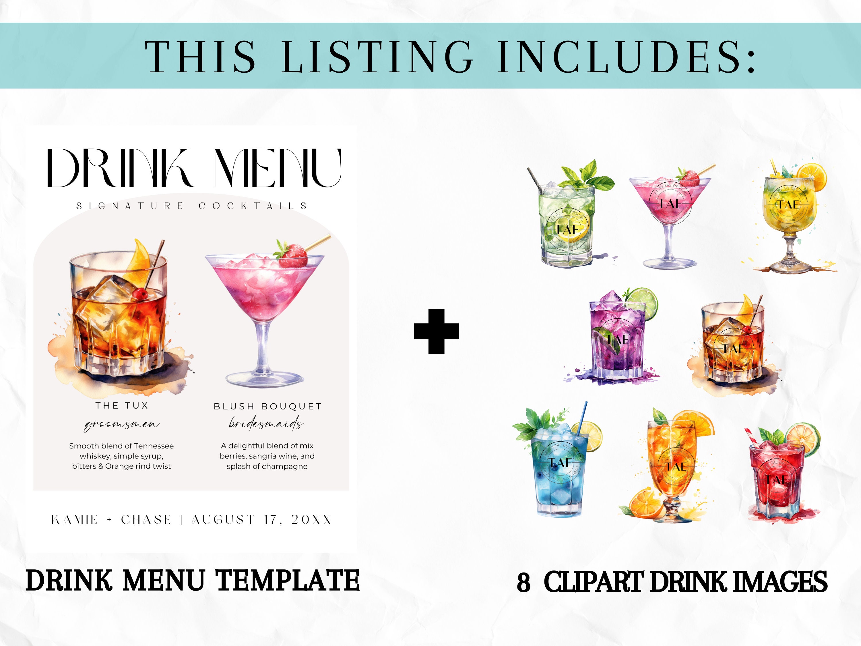 Wedding Bar Menu, Event Drink List, Watercolor Cocktail Menu Sign ...
