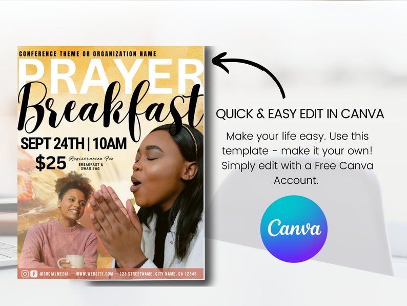 Prayer Breakfast Flyer: Editable Church Conference Invite (DIY Canva ...