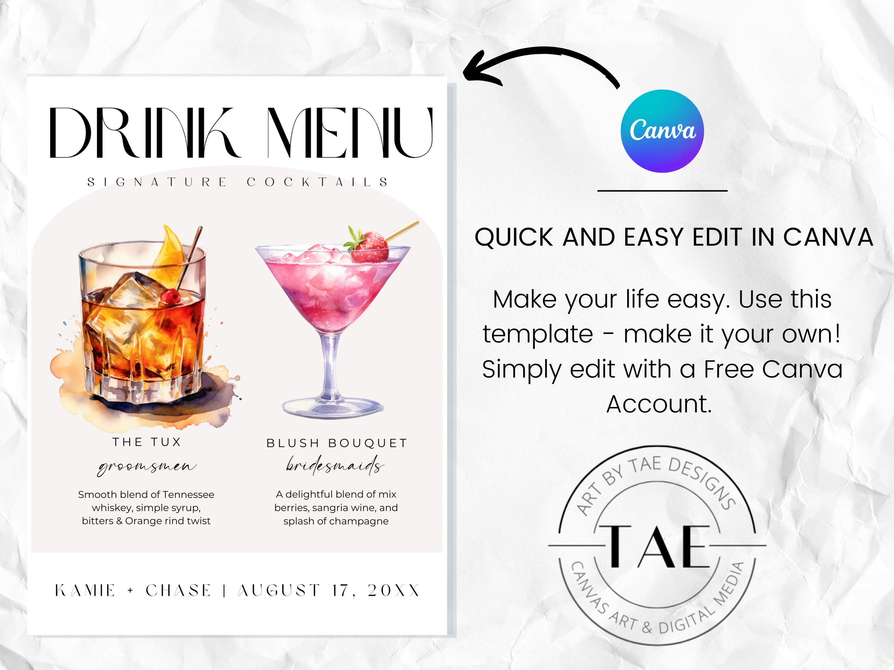 Wedding Bar Menu, Event Drink List, Watercolor Cocktail Menu Sign ...