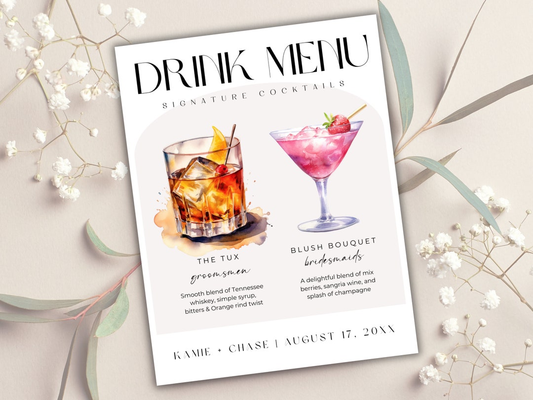 Wedding Bar Menu, Event Drink List, Watercolor Cocktail Menu Sign ...