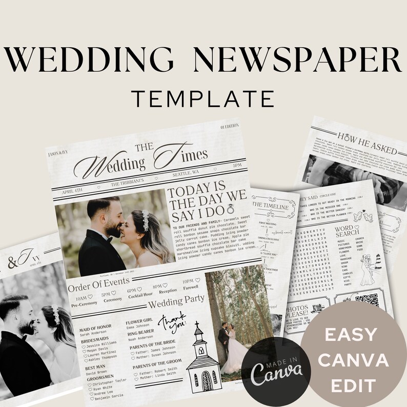 Newspaper Wedding Program Template: Editable Infographic (digital ...