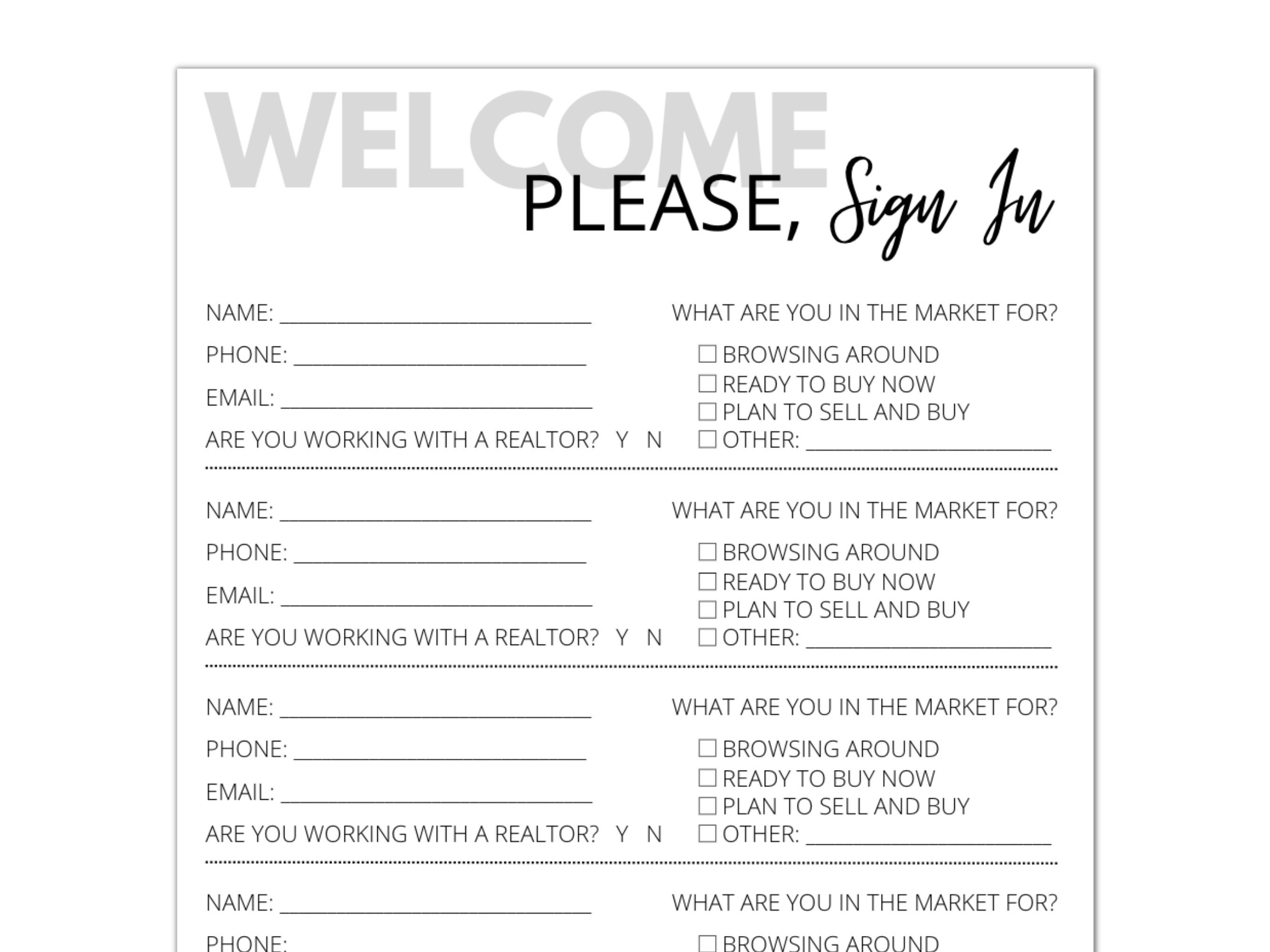 Open House Sign in Sheet Custom Pdfs, Welcome Signs | Real Estate Agent ...