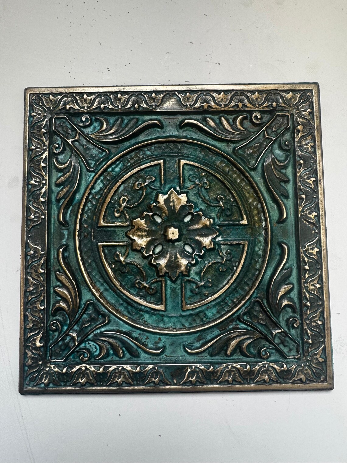Cast Bronze Decorative Rustic Floral Metal Wall Tile Verdigris Finish ...