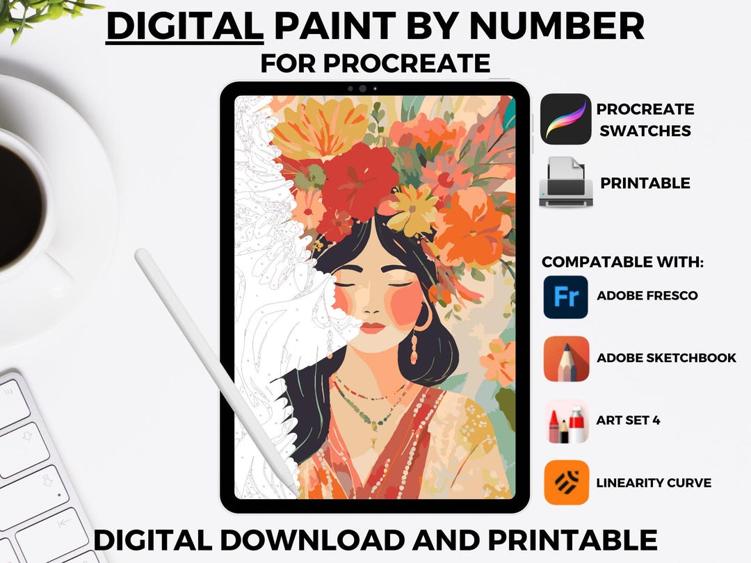 Floral Woman Digital Paint by Number Kit Adult for Procreate Color by ...