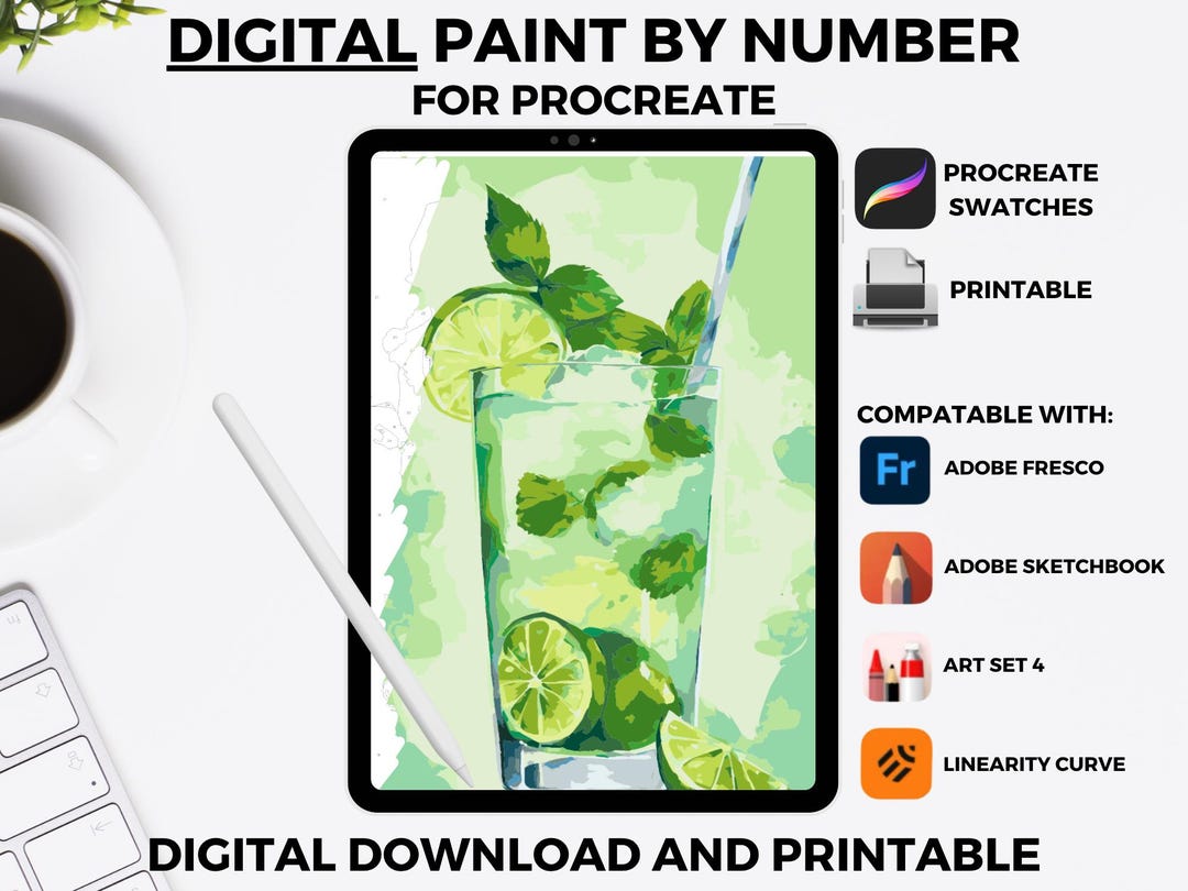 Mojito Cocktail Digital Paint by Number Kit Adult for Procreate Color ...