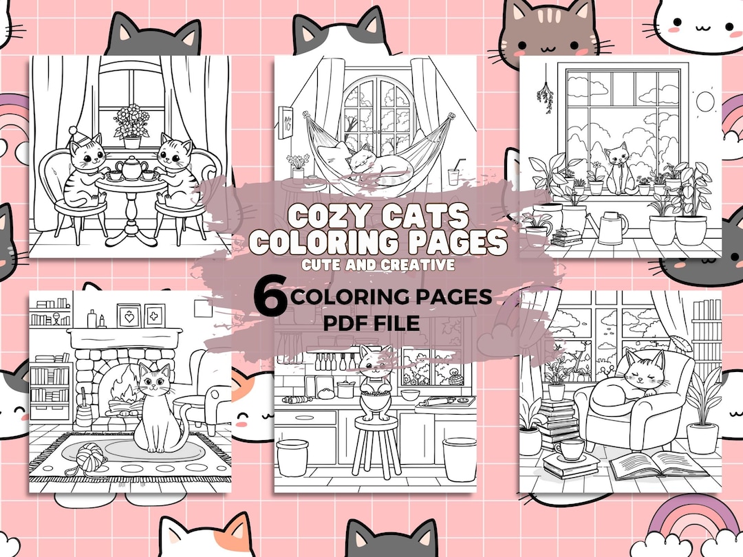 Cute Cozy Cat Coloring Pages | Set of 6 Cute Kitty Coloring Pages ...