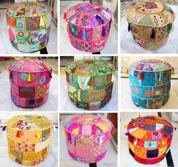 LOT Indian Foot Stool Vintage Pouf Cover Multi Patchwork | Etsy