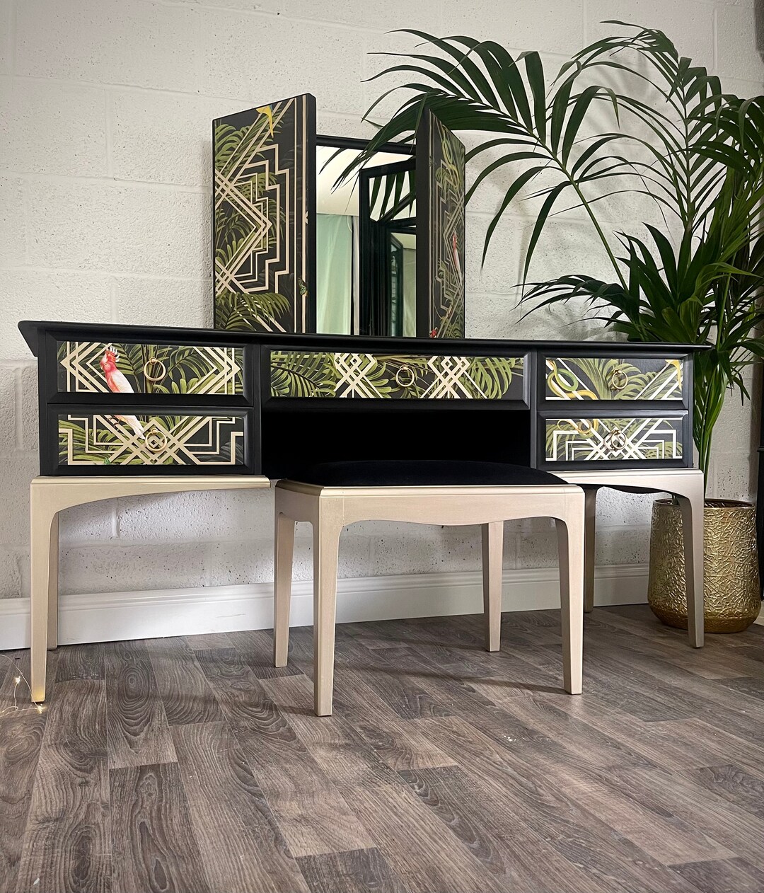 Hand Painted Stag Dressing Table With Triple Mirror and Stool,black and ...