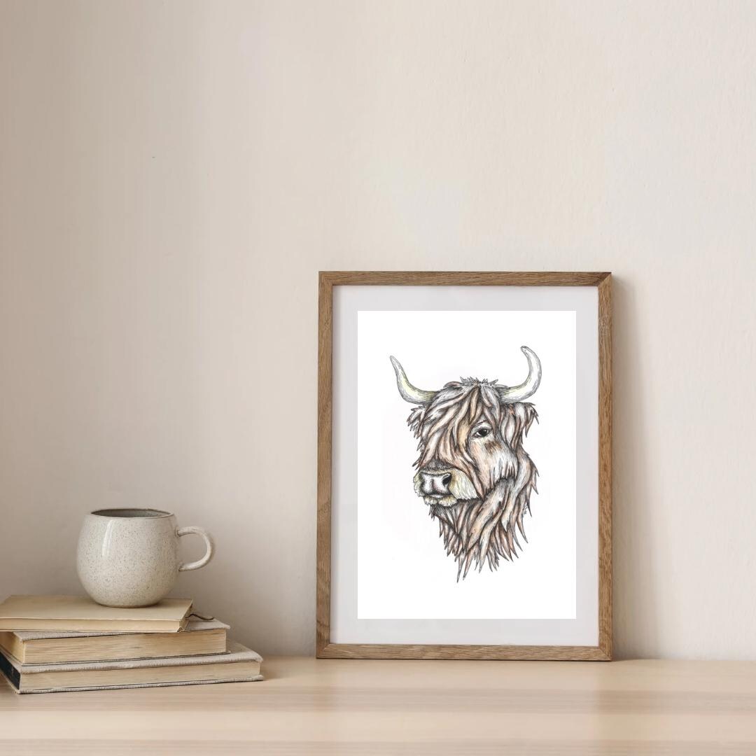 Hamish, Hand-drawn Highland Cow Print — Watercolour & Fine Line Pen ...