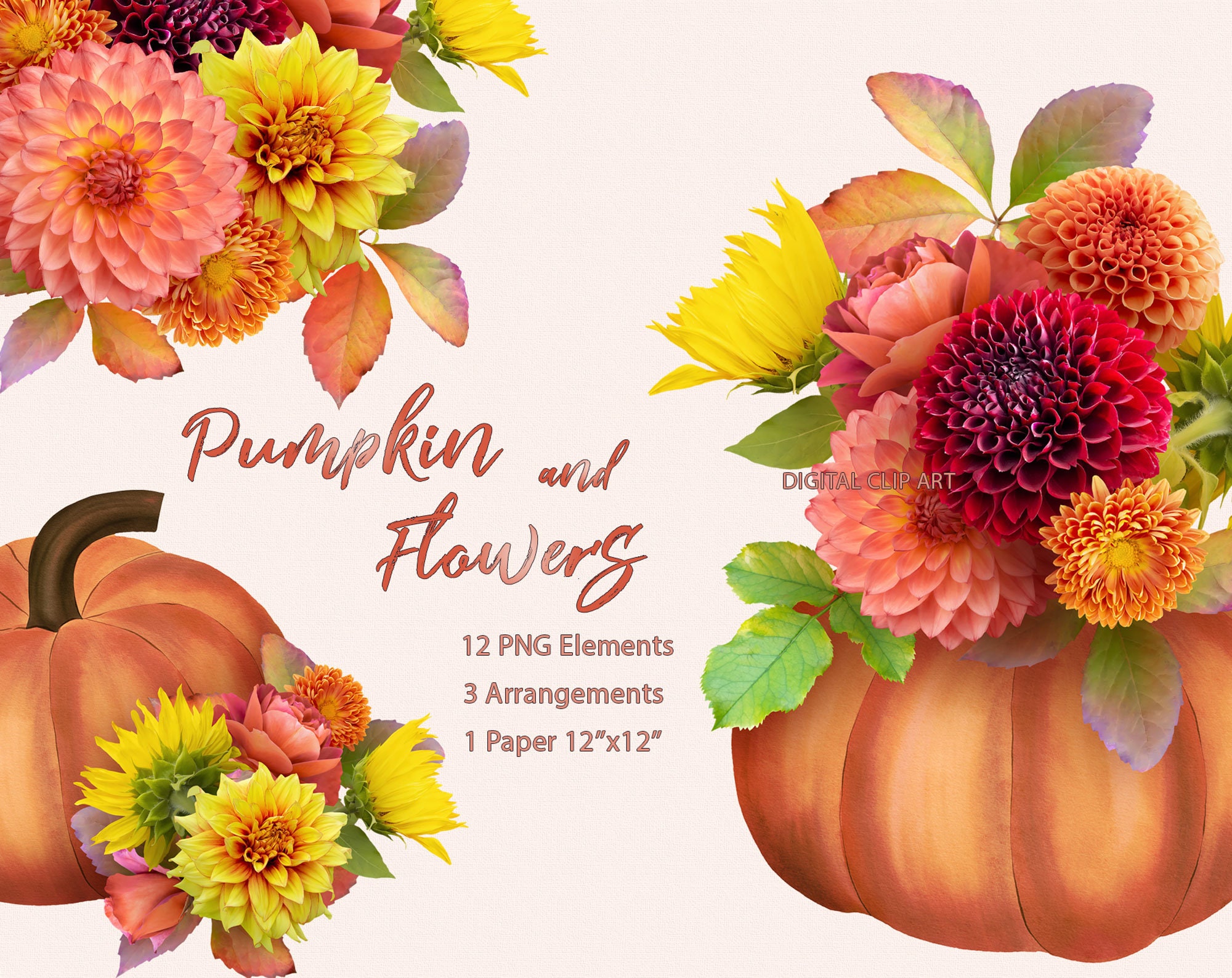 Pumpkin and autumn flowers clipart. Fall wedding clip art. | Etsy