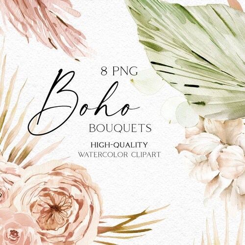 Watercolor Boho Floral Clipart Flowers Dried Palm Leaf - Etsy