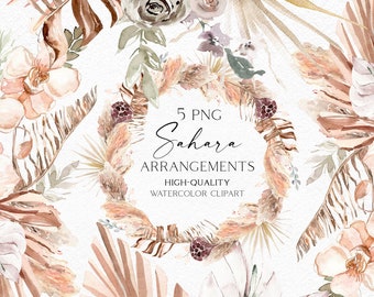 Watercolor Boho Dried Flower Clipart Palm Boho Roses Bouquets | Etsy Canada