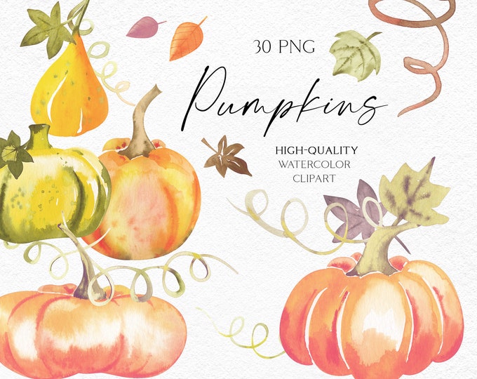 Watercolor Fall Clipart Cute Pumpkin Clipart Autumn Clip Art - Etsy