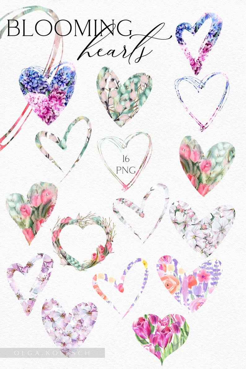 Watercolor Floral Mother's Day Clipart, Hand-painted Hearts for Card ...