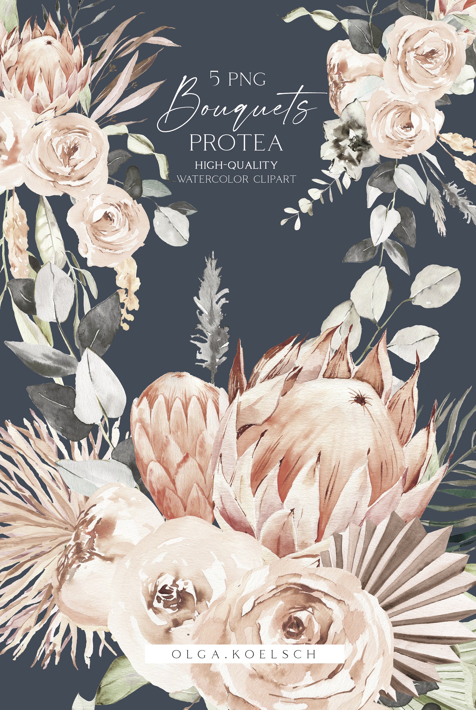 Boho Roses Bouquets Clipart, Watercolor Protea Tropical Png, Pink ...